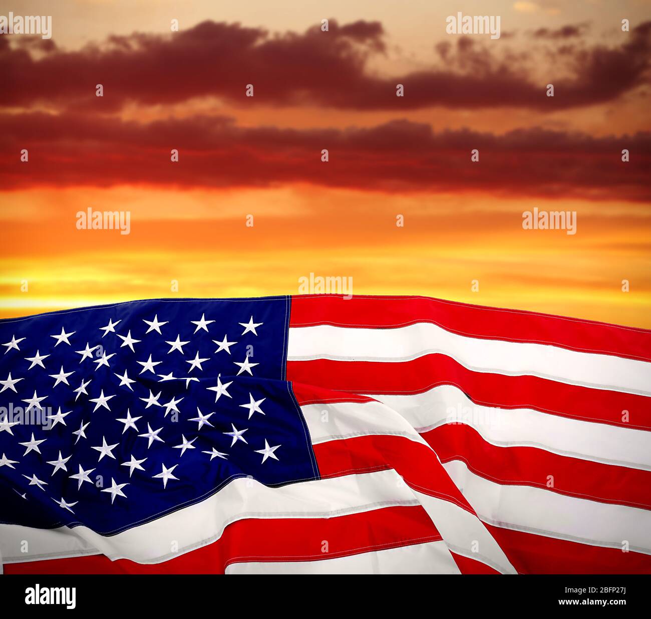 Flag of United States of America on sunset background Stock Photo - Alamy