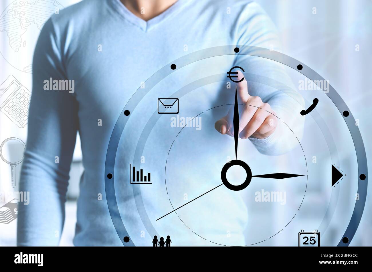 Businessman hand pushing time icon on virtual screen Stock Photo - Alamy