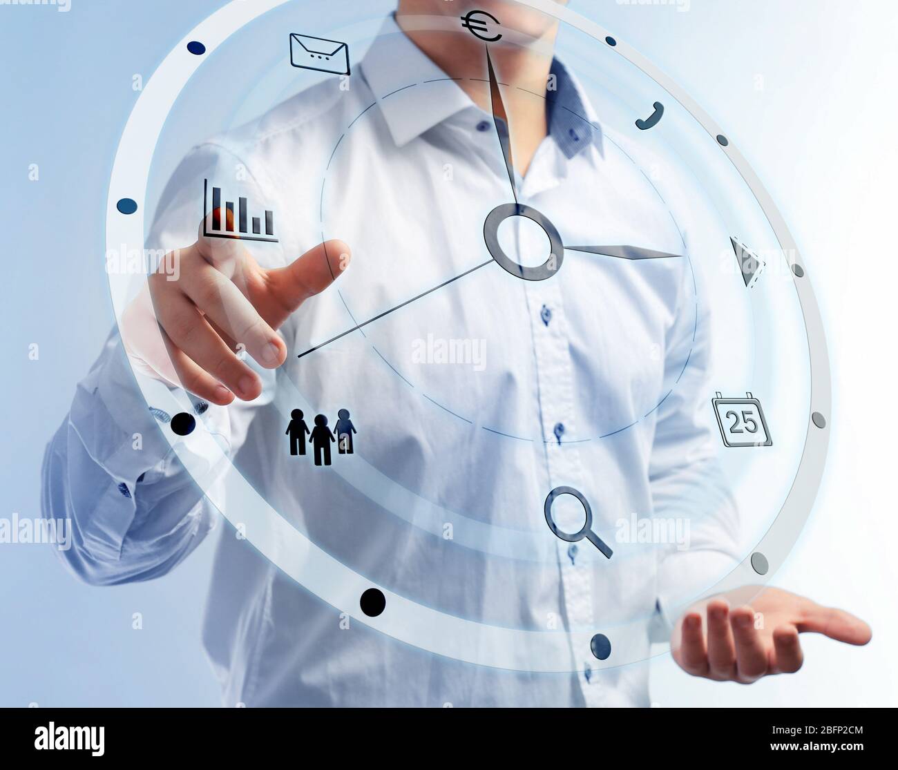 Businessman hand pushing time icon on virtual screen Stock Photo - Alamy