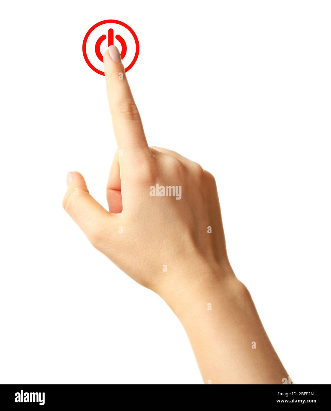 Finger press power button on virtual touch screen, modern technology ...