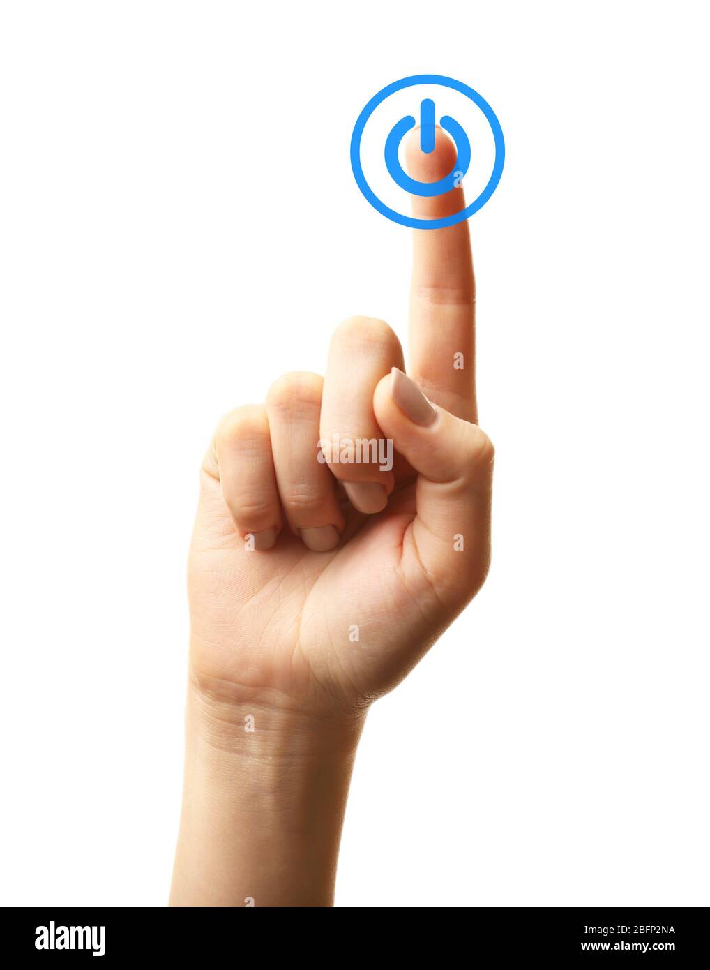Finger press power button on virtual touch screen, modern technology ...