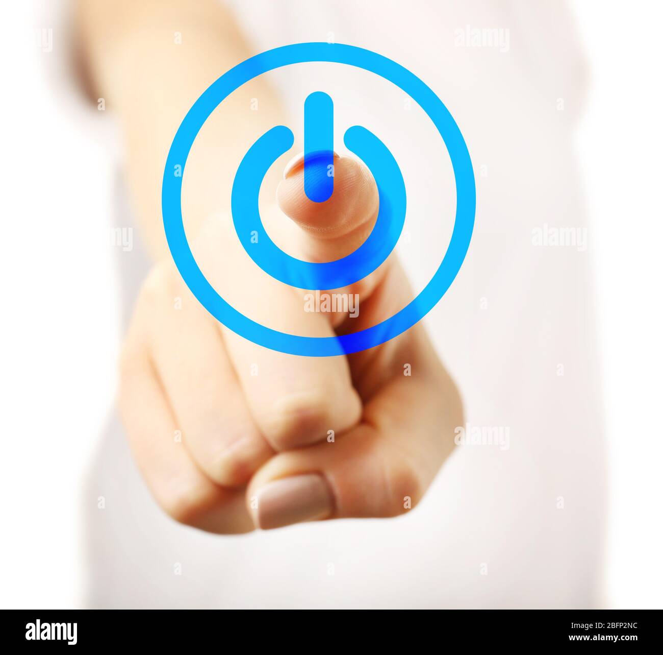 Finger press power button on virtual touch screen, modern technology ...