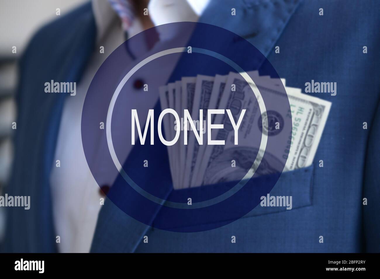 Money icon. Man in a suit with dollar banknotes in pocket Stock Photo ...