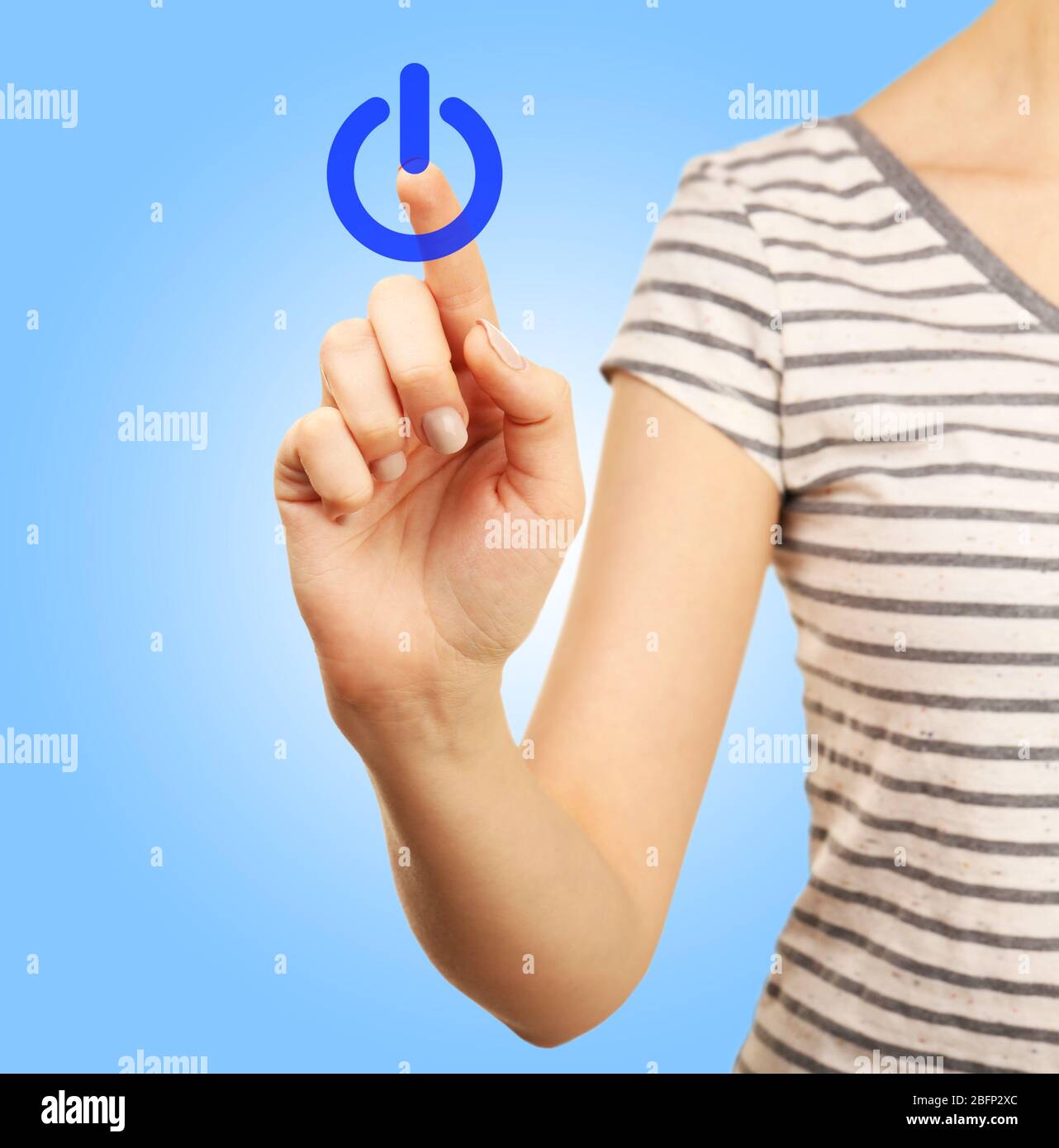 Finger press power button on virtual touch screen, modern technology ...