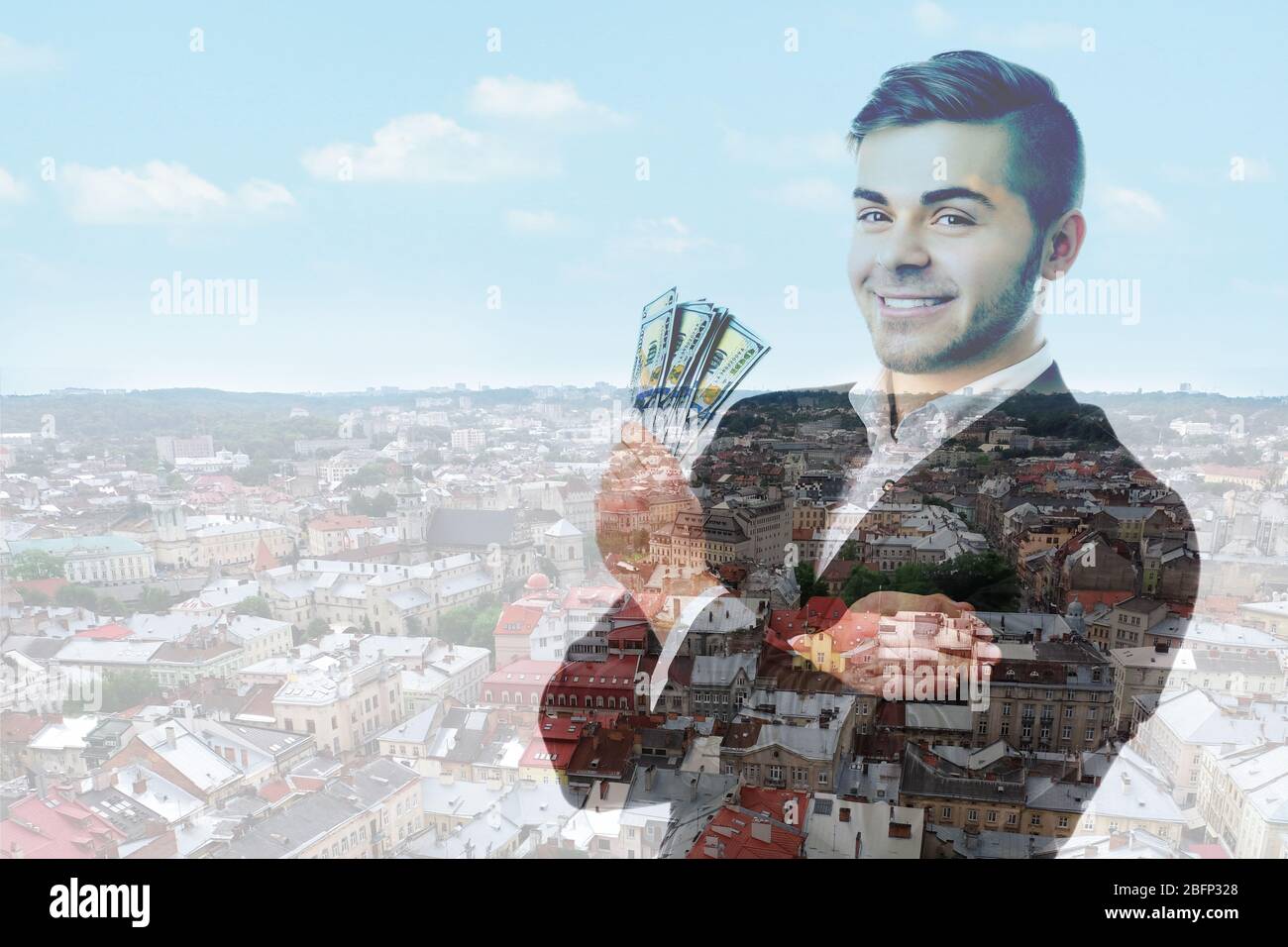 Man holding money on city transparent background Stock Photo - Alamy
