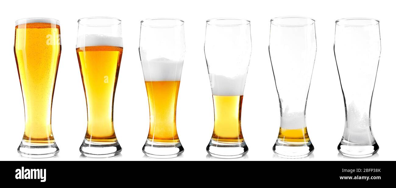 Steps of discharge glass of beer. Drinking beer process, isolated on ...