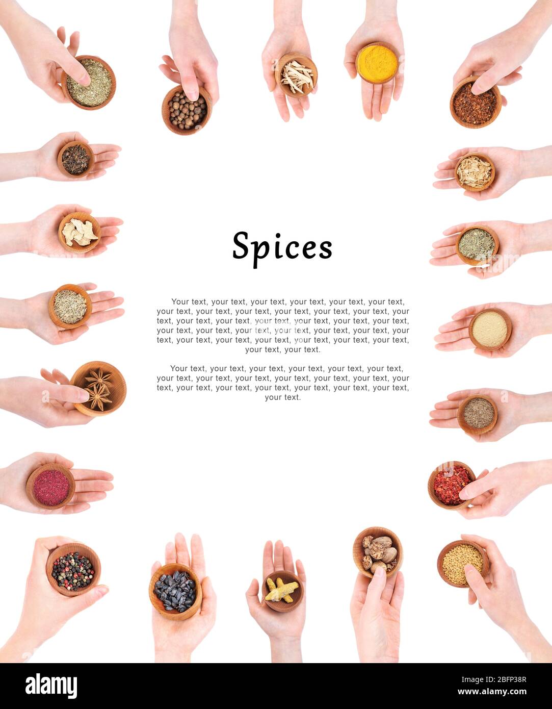 Hands holding collection of different spices in wooden bowls, isolated ...