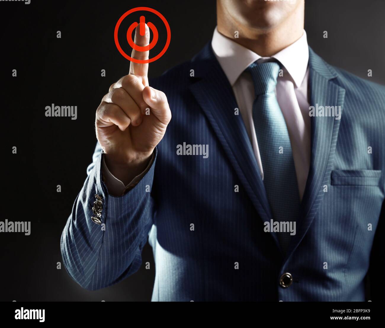 Finger press power button on virtual touch screen, modern technology ...