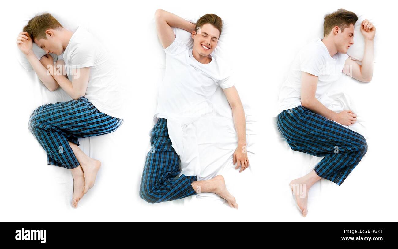 Handsome man sleeping in different poses , isolated on white Stock ...