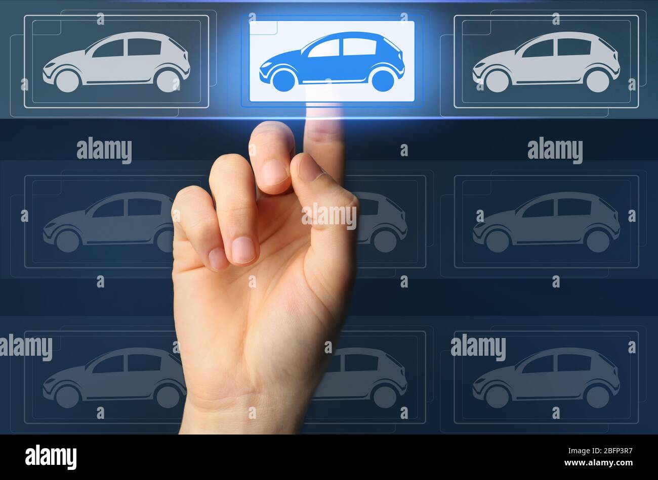 Male hand touching icon of car on virtual screen Stock Photo - Alamy