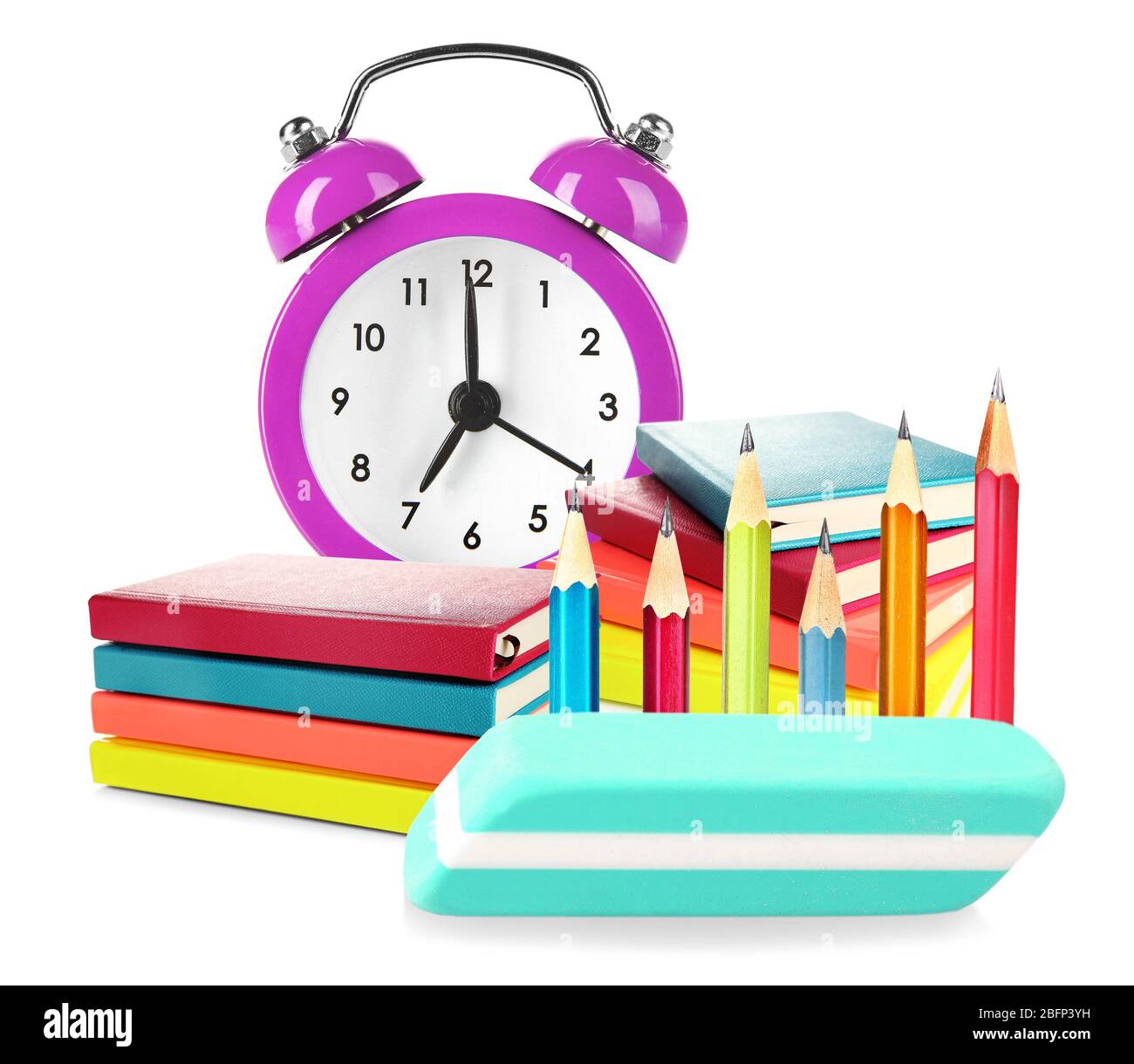 Colorful notebooks, pencil, eraser and alarm clock isolated on white ...
