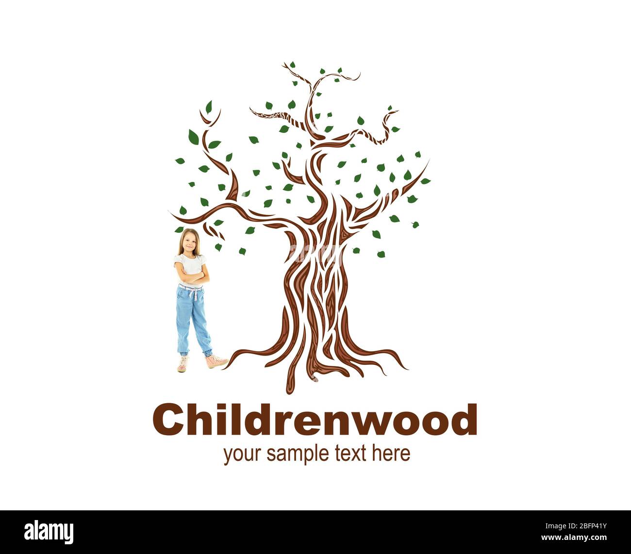 Beautiful little girl and drawn tree with text Childrenwood Stock Photo ...