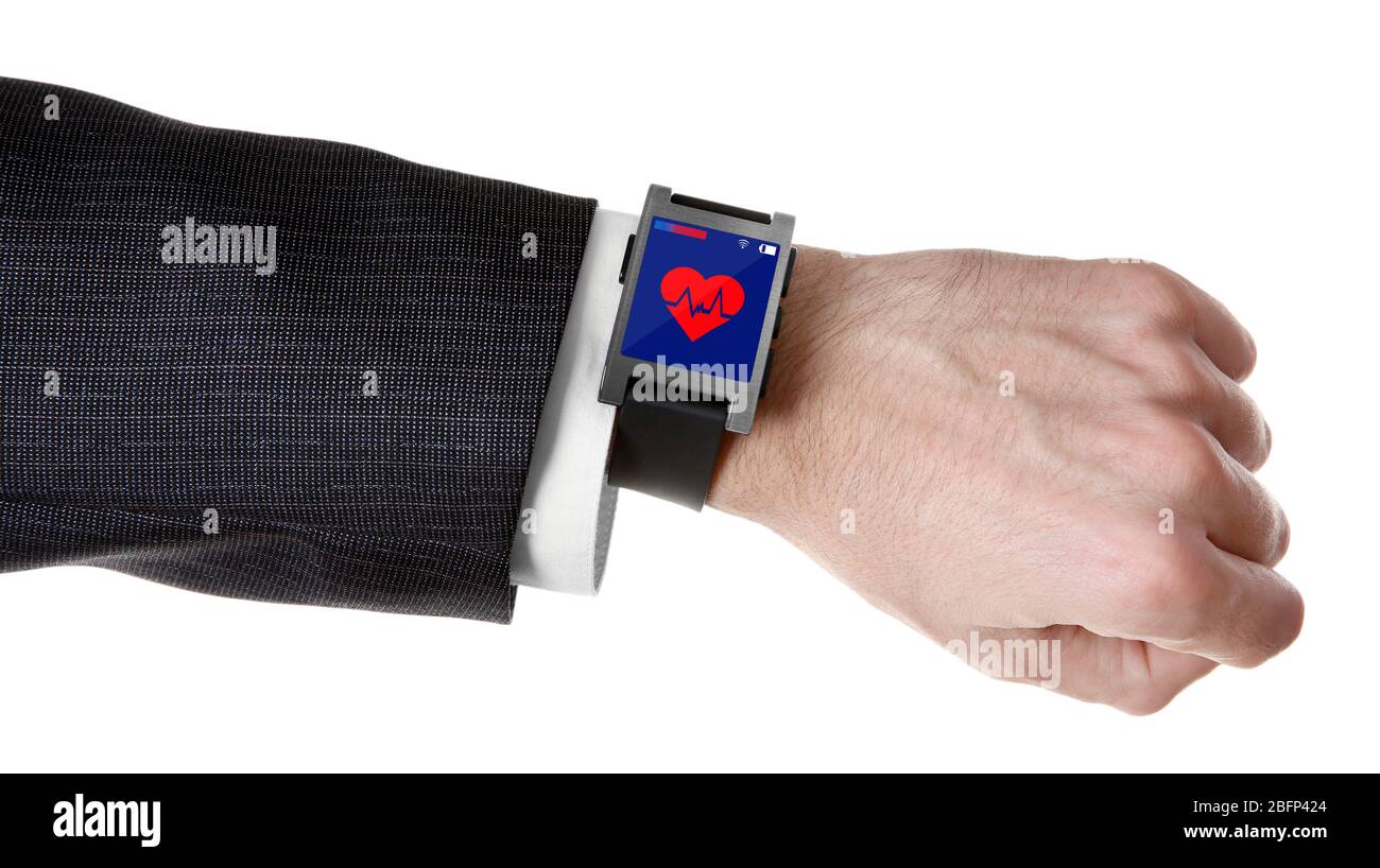 Hand and heart icon on smart watch isolated on white Stock Photo - Alamy