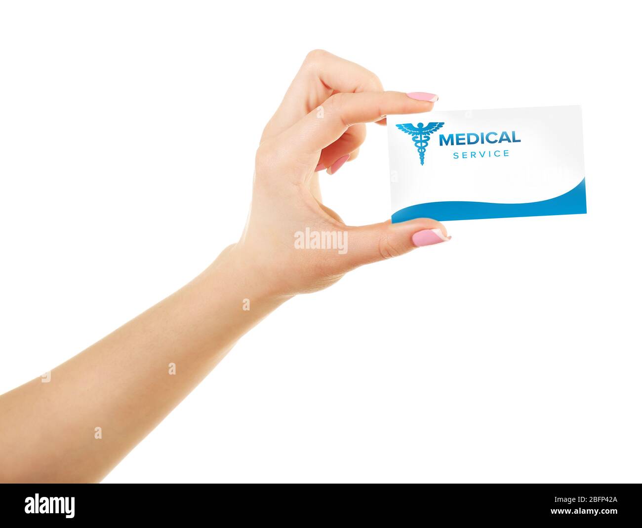 Female hand holding card isolated on white. Medical service concept ...