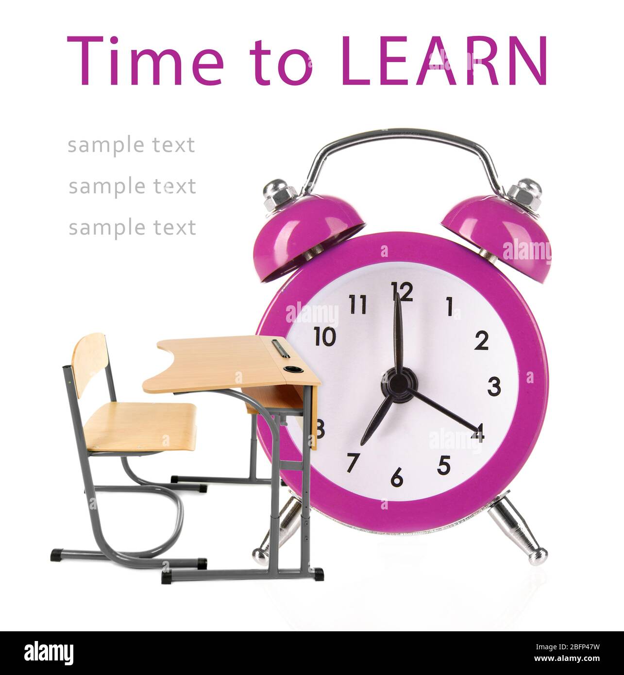 Time to learn concept. Wooden desk and chair and alarm clock isolated ...