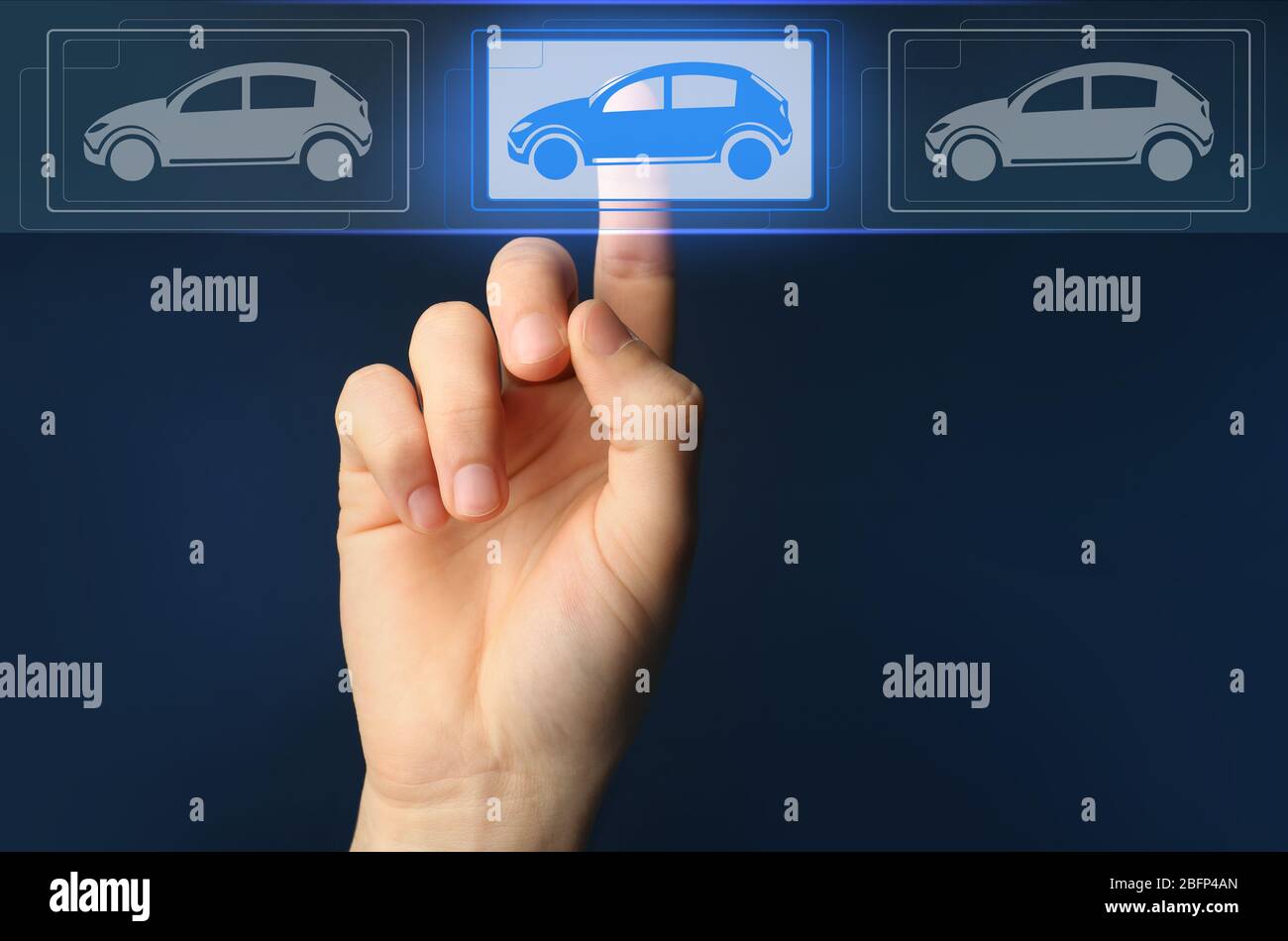 Male hand touching icon of car on virtual screen Stock Photo - Alamy