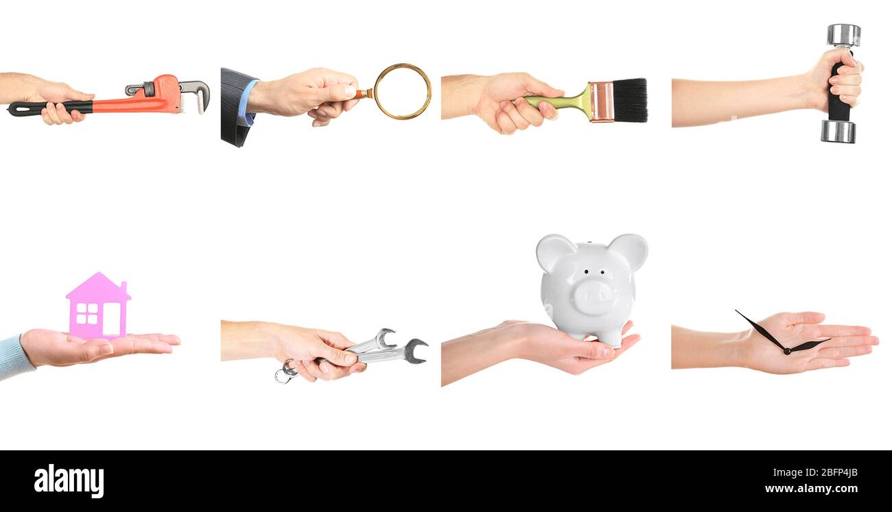 Hands holding different objects isolated on white background Stock ...