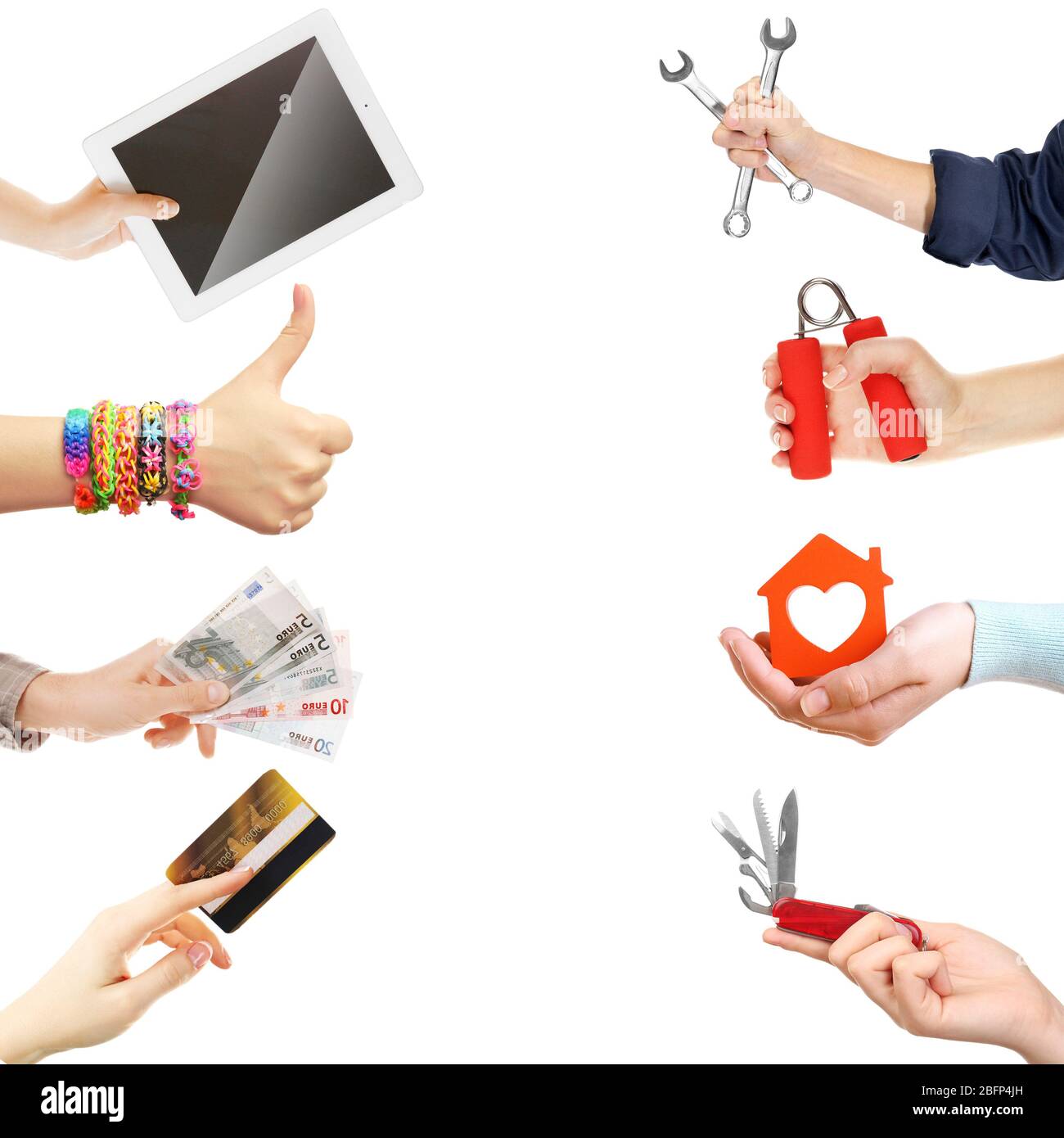 Hands holding different objects isolated on white background Stock ...