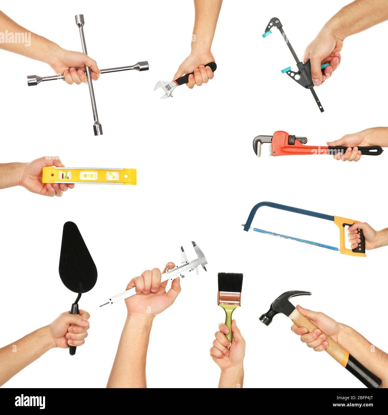 Hands holding different objects isolated on white background Stock ...