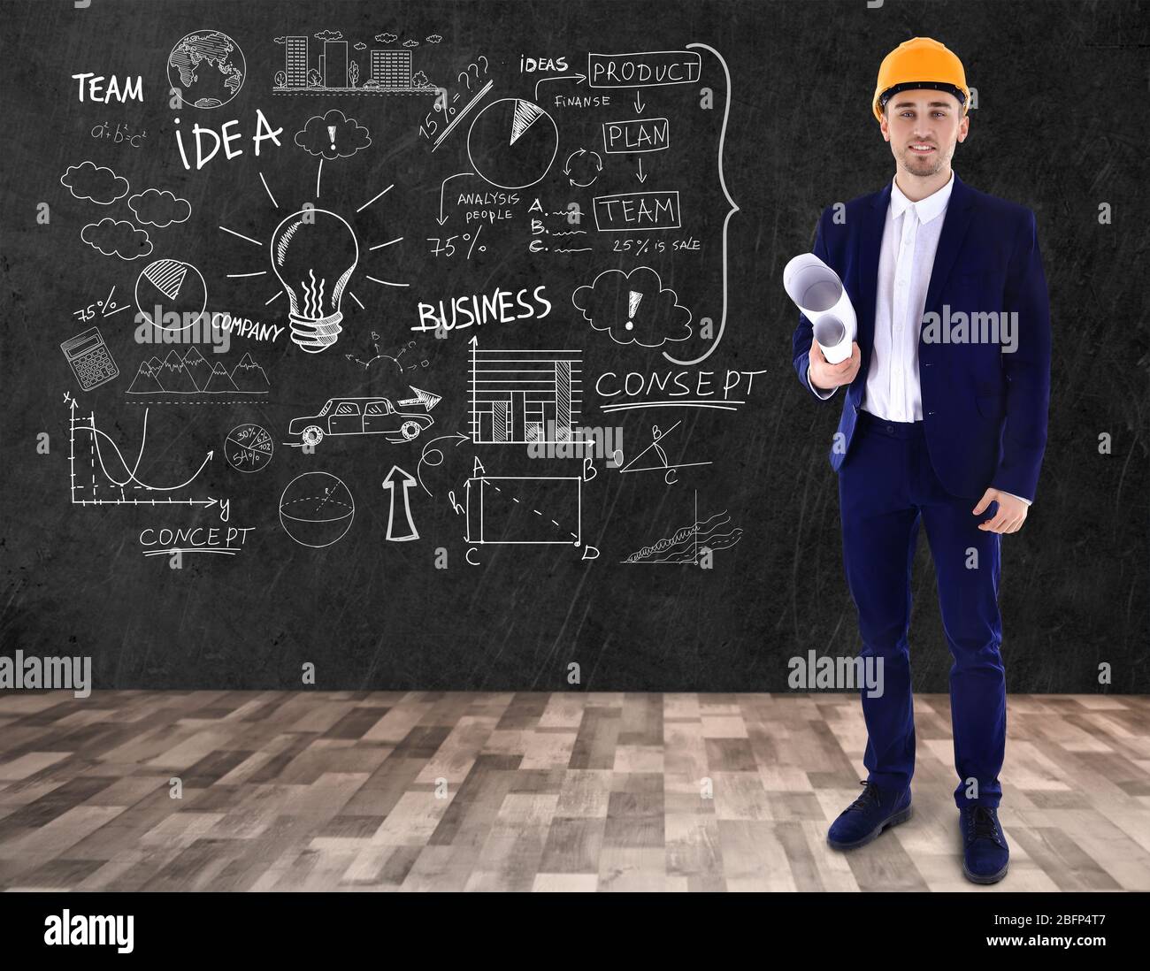 Professional engineer with blueprint on blackboard background Stock ...