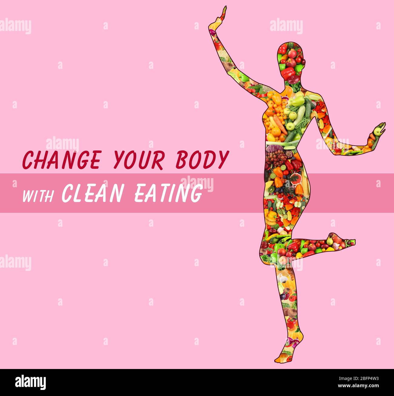 Female silhouette with fruits and vegetables. Clean eating concept ...