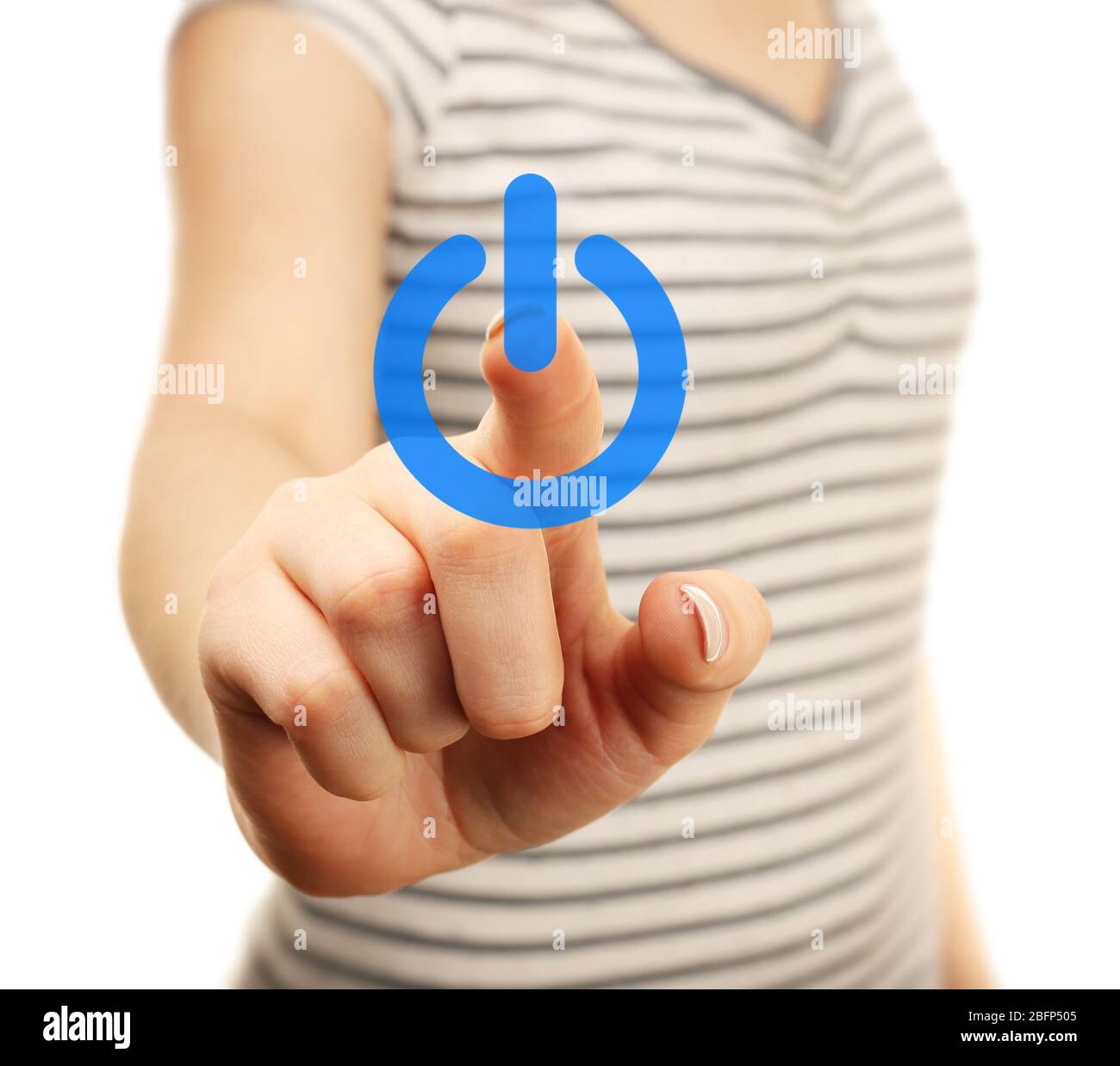 Finger press power button on virtual touch screen, modern technology ...