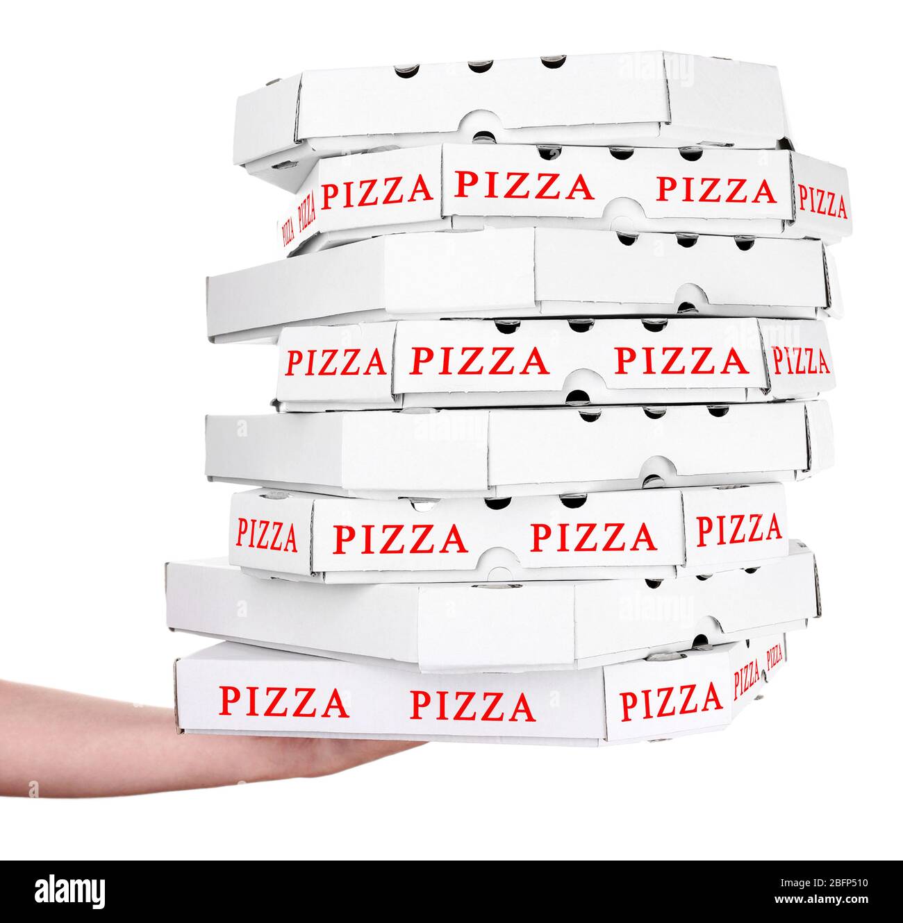 Hand holding pizza boxes isolated on white Stock Photo - Alamy