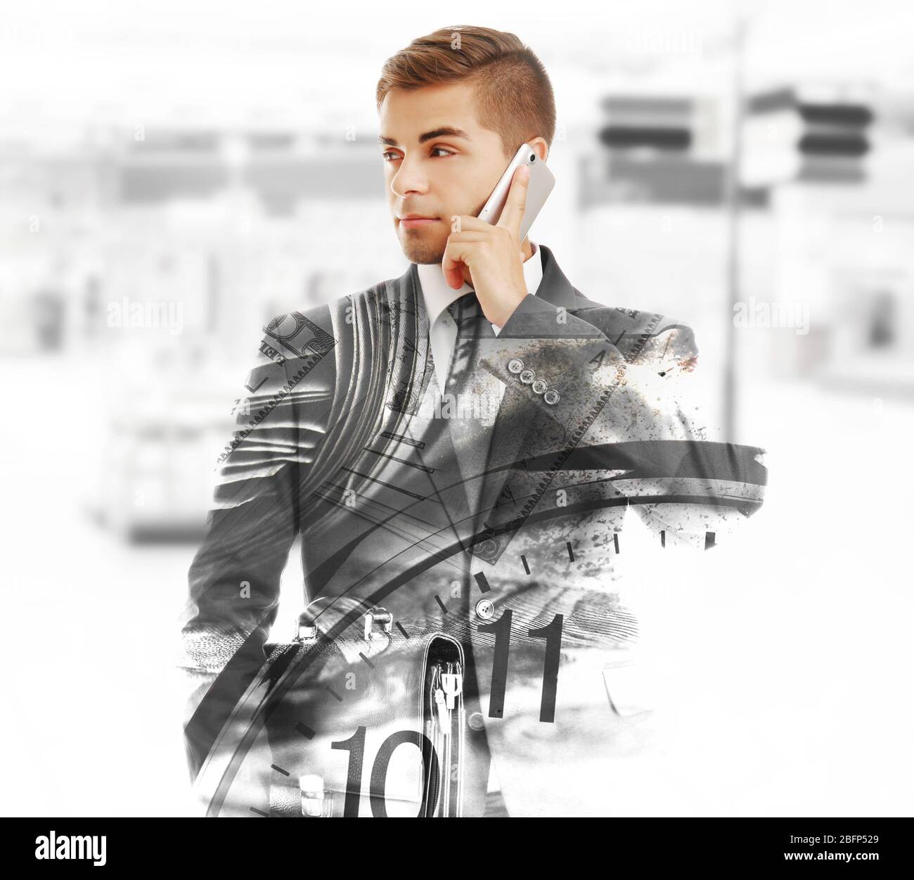 Elegant man in suit on blurred background, double exposition Stock ...