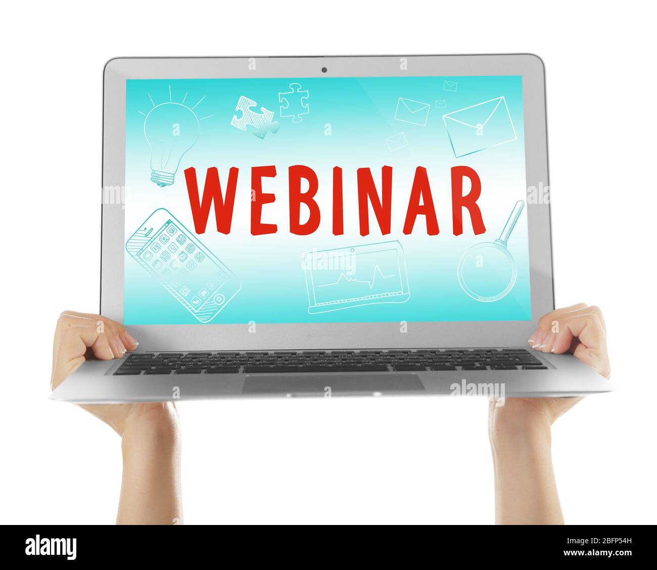 Modern laptop in hands isolated on white background. Webinar concept ...