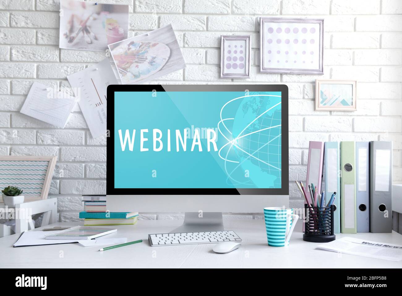 Modern workplace with computer on the table. Webinar concept Stock ...
