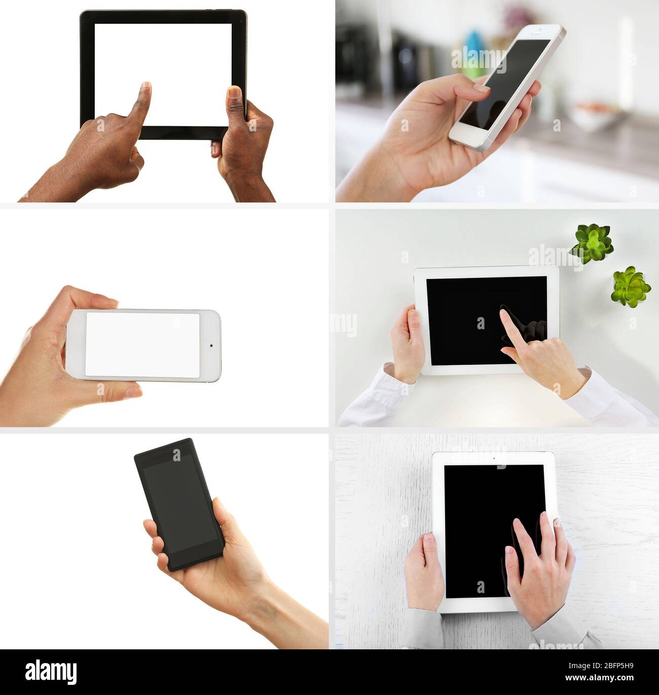 Hand holding mobile phone and digital tablet , collage of different ...