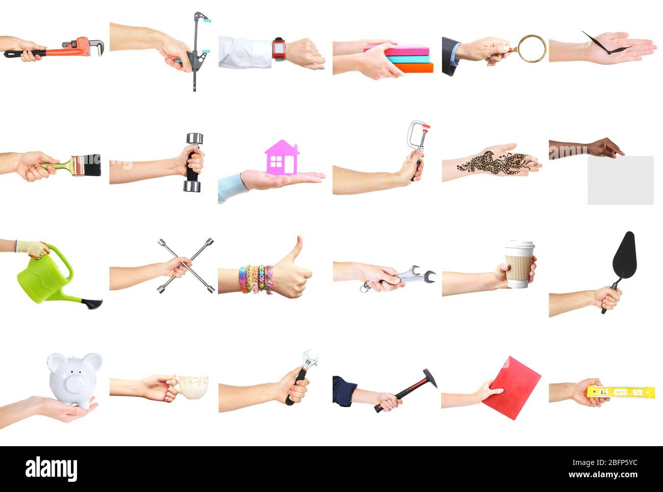 Hands holding different objects on white background Stock Photo - Alamy