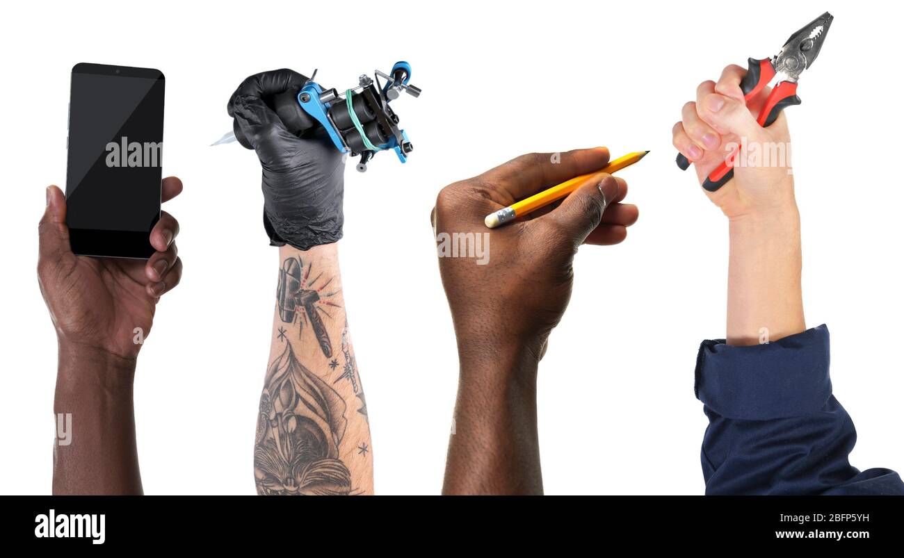 Hands holding different objects on white background Stock Photo - Alamy