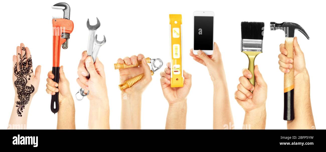 Hands holding different objects on white background Stock Photo - Alamy