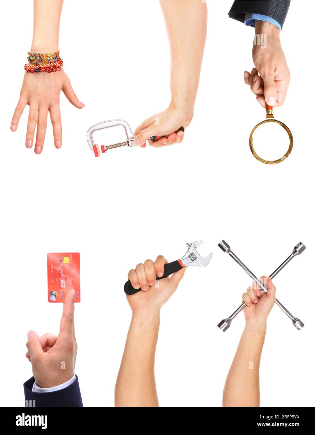 Hands holding different objects on white background Stock Photo - Alamy