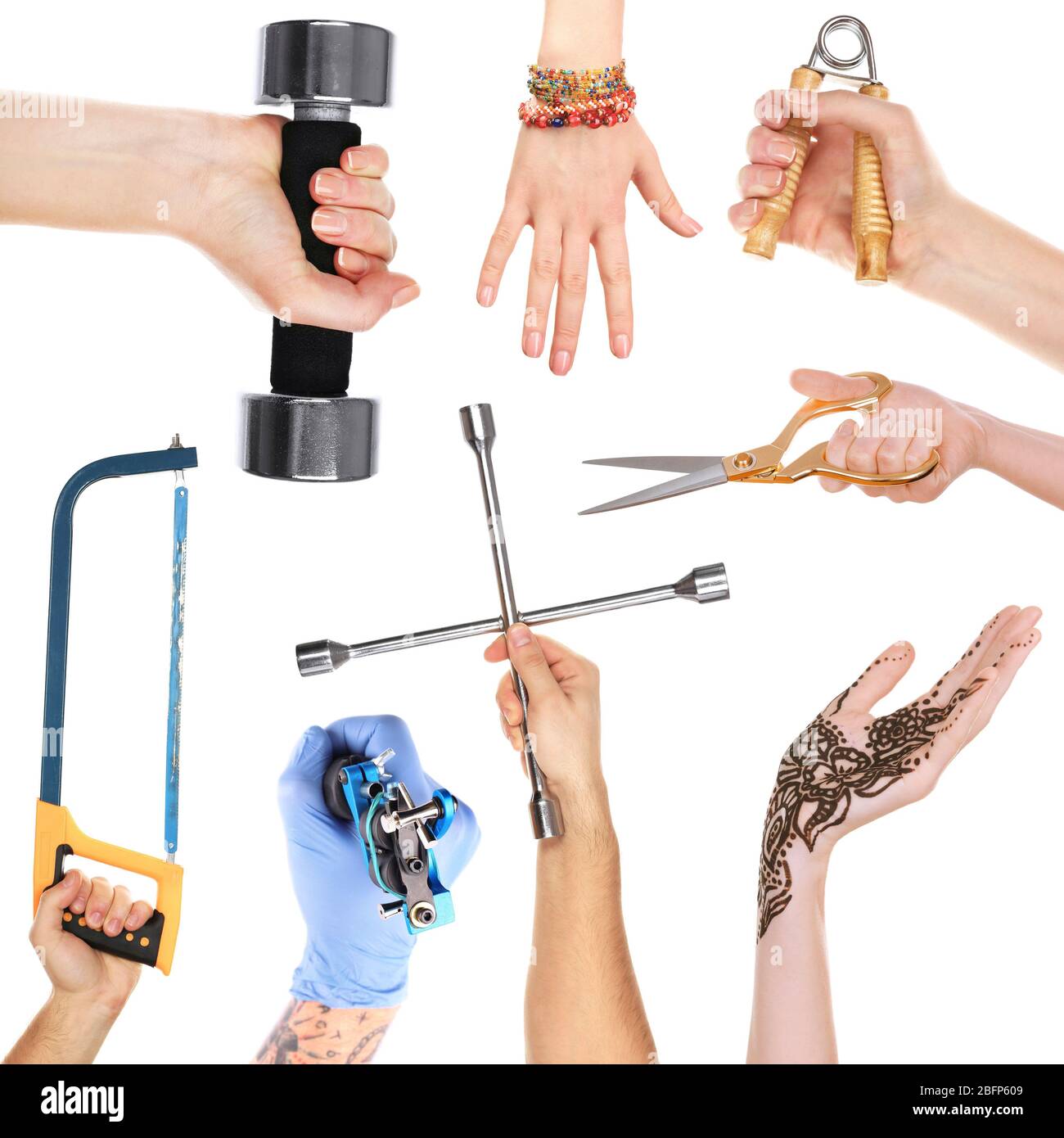 Hands holding different objects on white background Stock Photo - Alamy