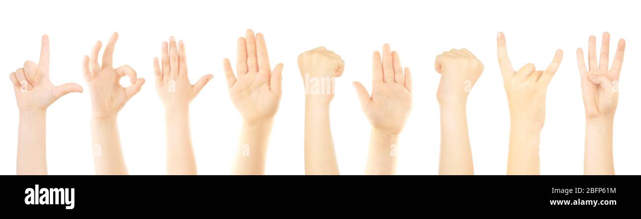 Children hands showing gestures on white background Stock Photo - Alamy