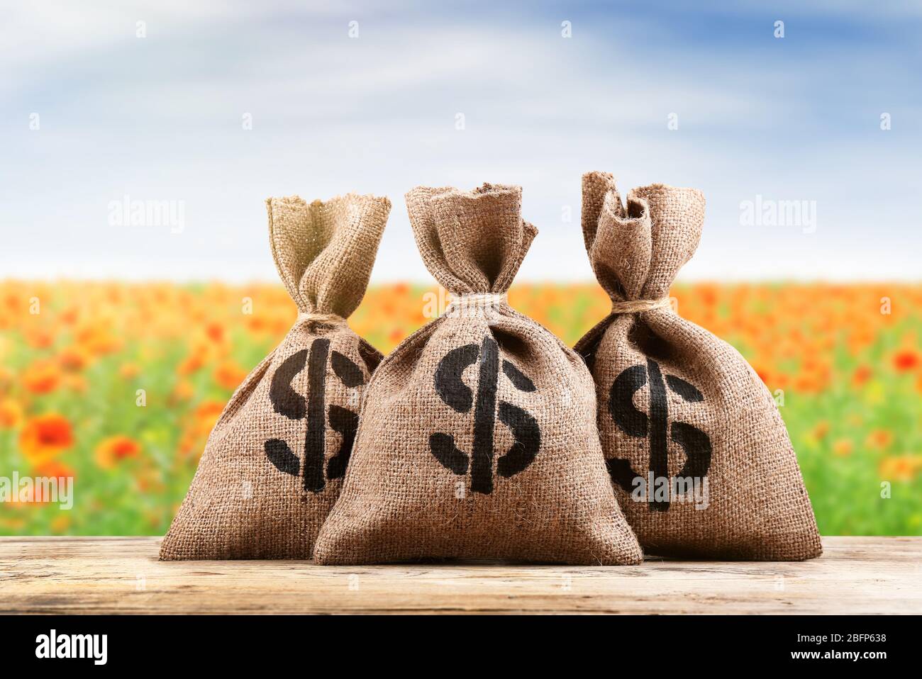 Money bags on wooden table. Money savings concept Stock Photo - Alamy