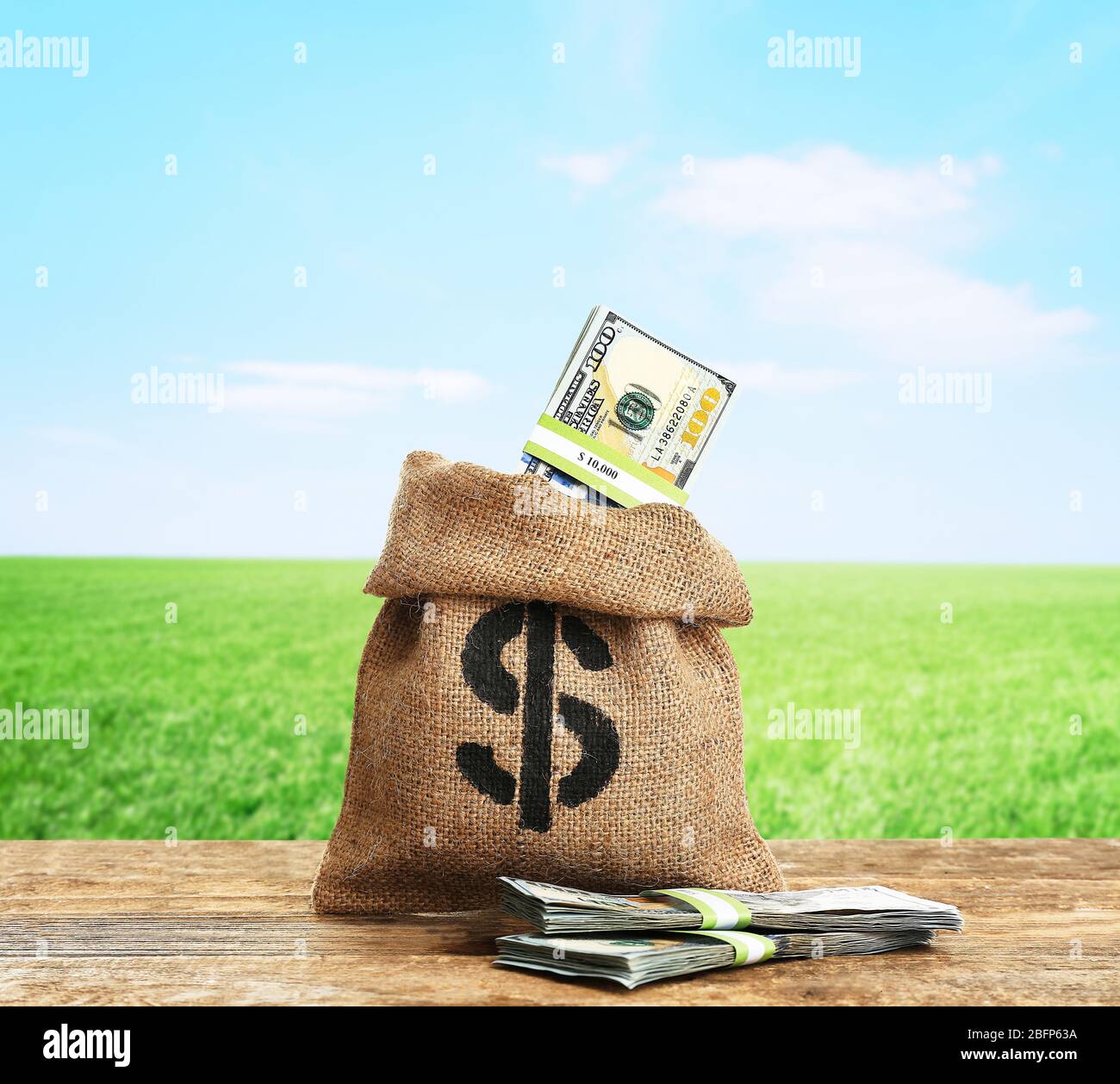 Money bag with dollar banknotes on wooden table. Money savings concept ...