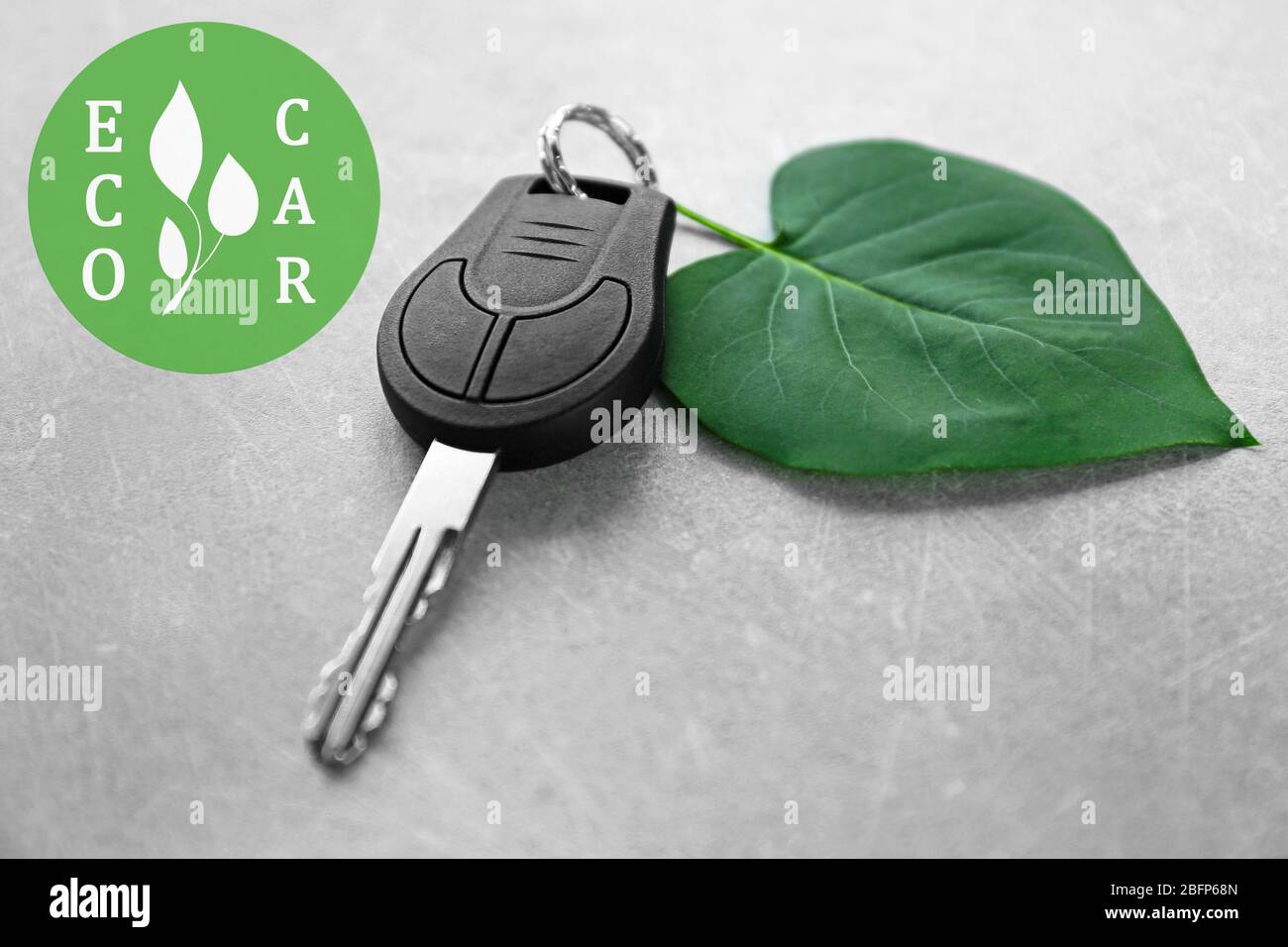 Car key with green leaf trinket and text ecocar on gray background. Eco ...