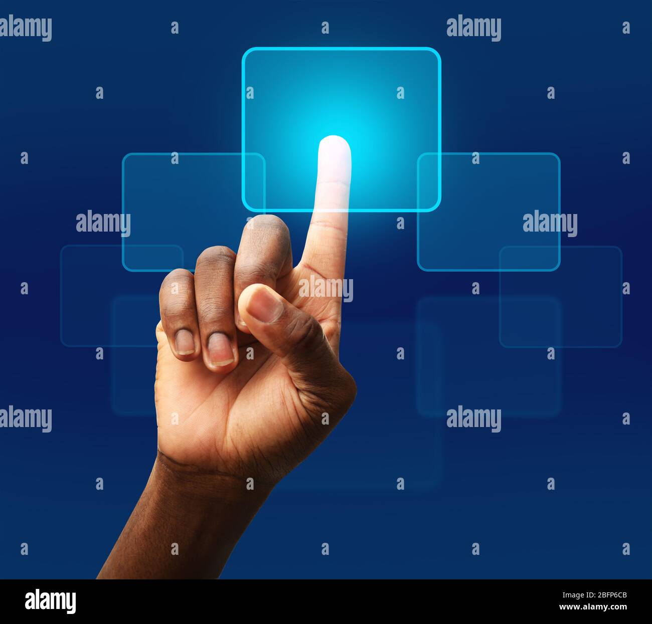 Male hand pushing button on virtual screen. Innovative technology ...