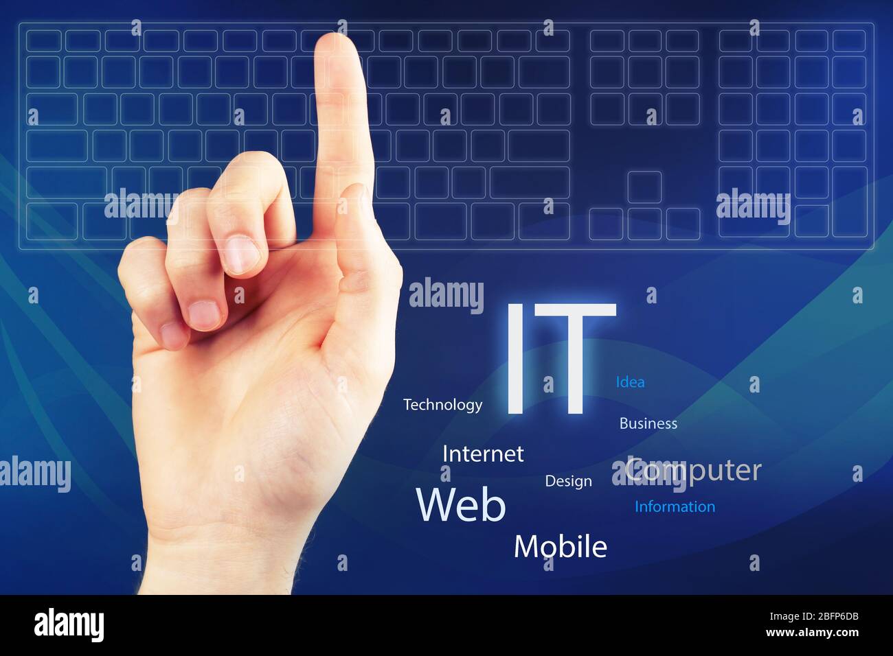 Male hand pushing button on virtual keyboard. IT technologies concept ...