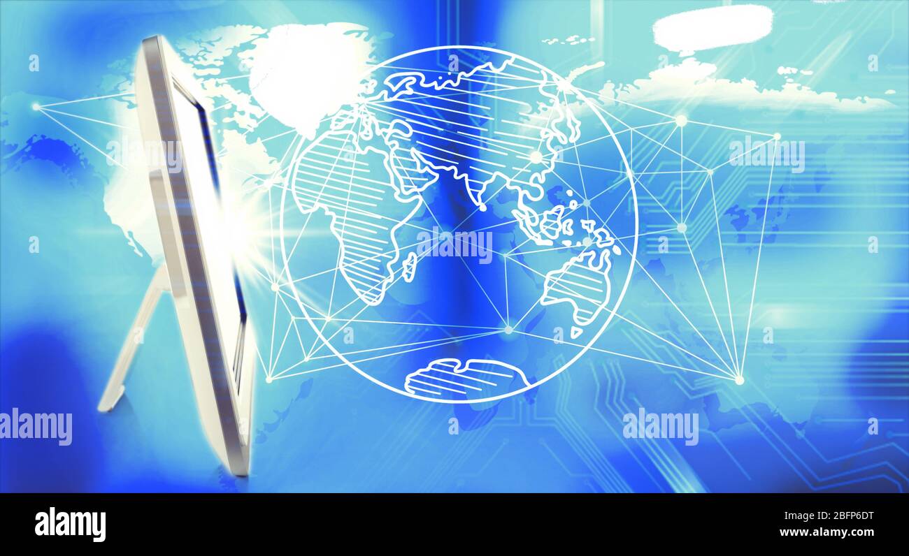 Global computer network concept. Tablet and earth on abstract ...