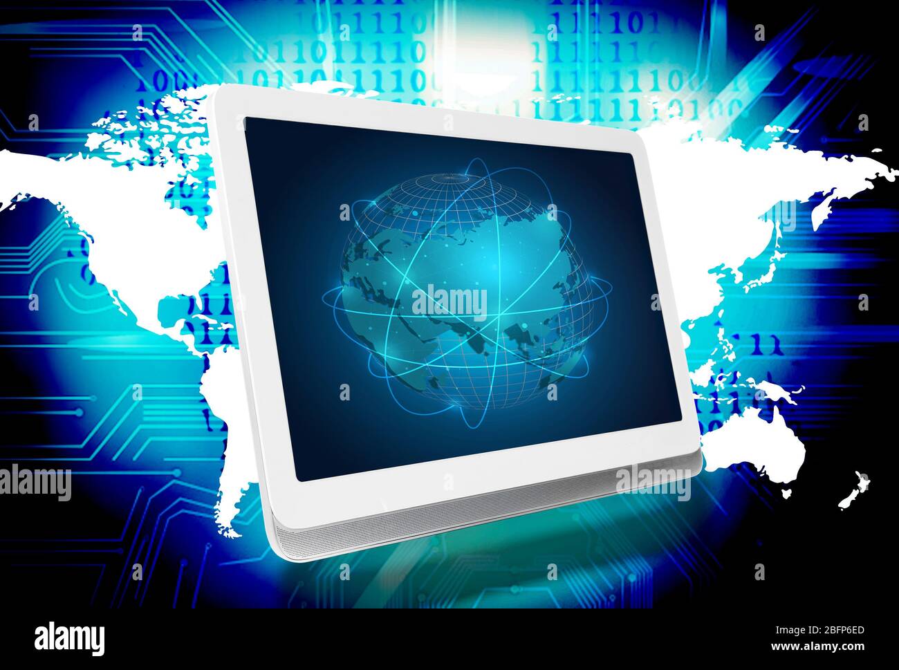 Global computer network concept. Tablet and earth on abstract ...