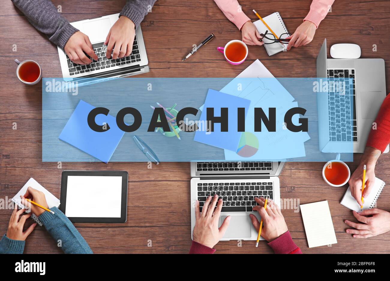 Business training concept. Business meeting at the table, top view ...