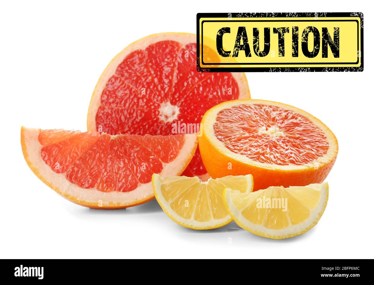 Allergy danger concept. Different citrus slices with stamp caution on ...