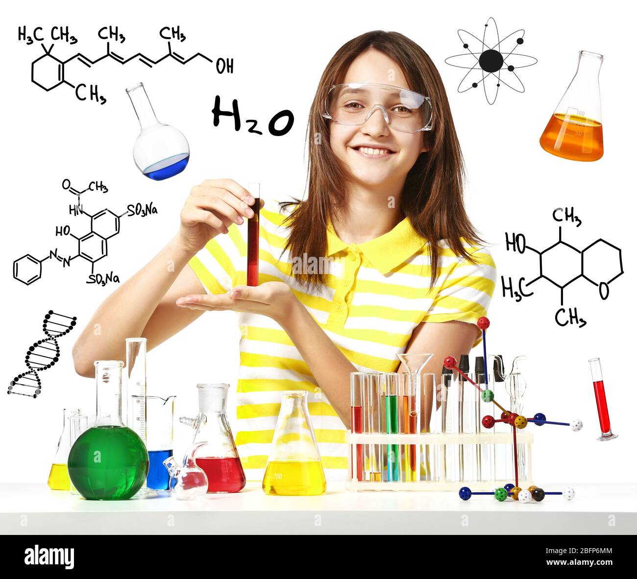 Student with test tubes on white background. Chemical research in ...