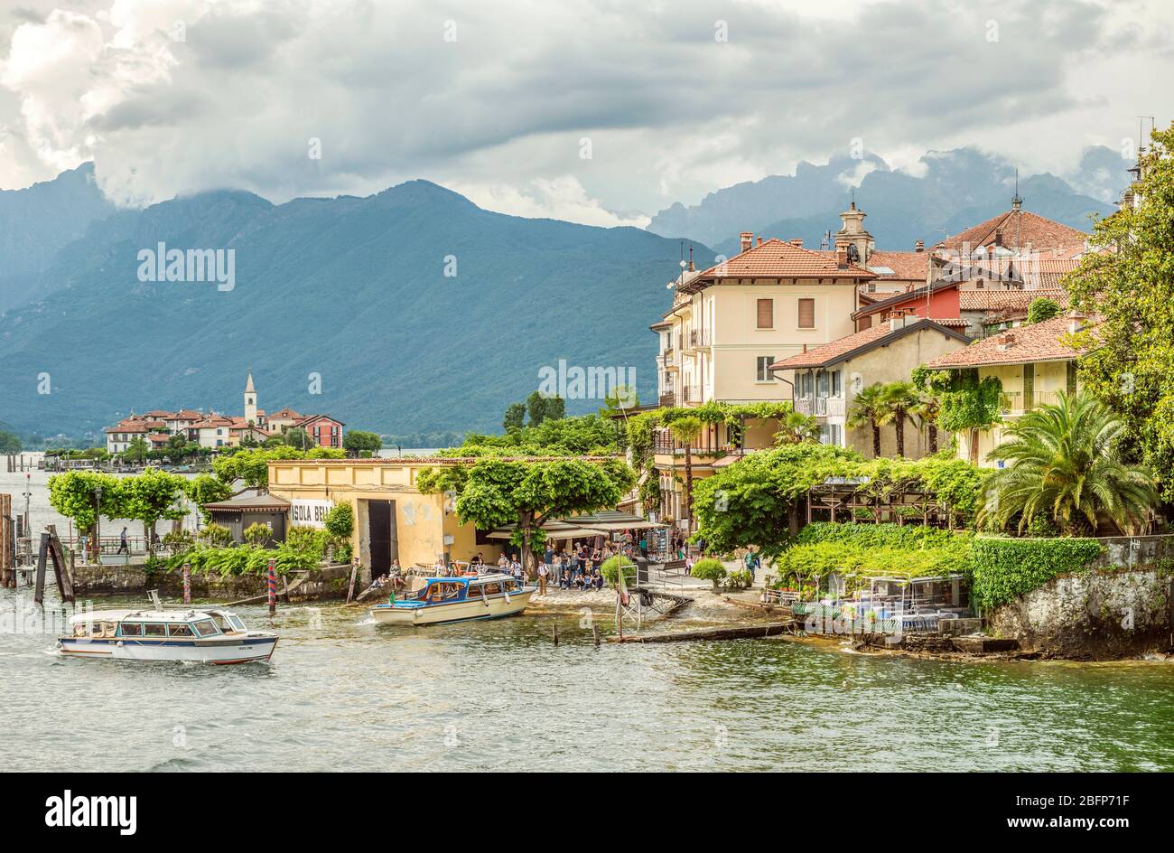 Shipping Pier at Isola Bella, Lago Maggiore, seen from the lakeside ...