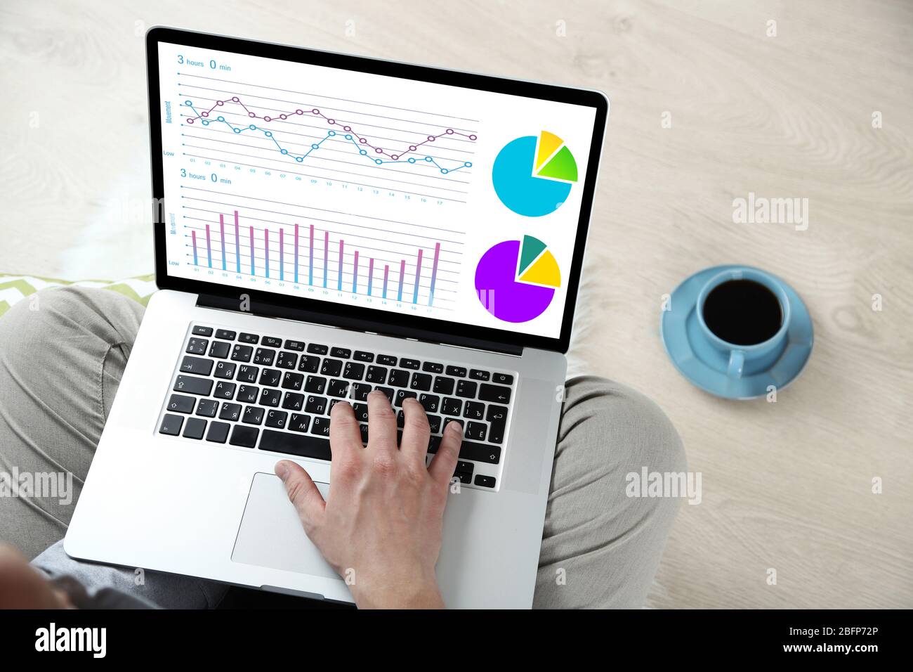 Man working with laptop. Analysis graph and diagram on screen Stock ...