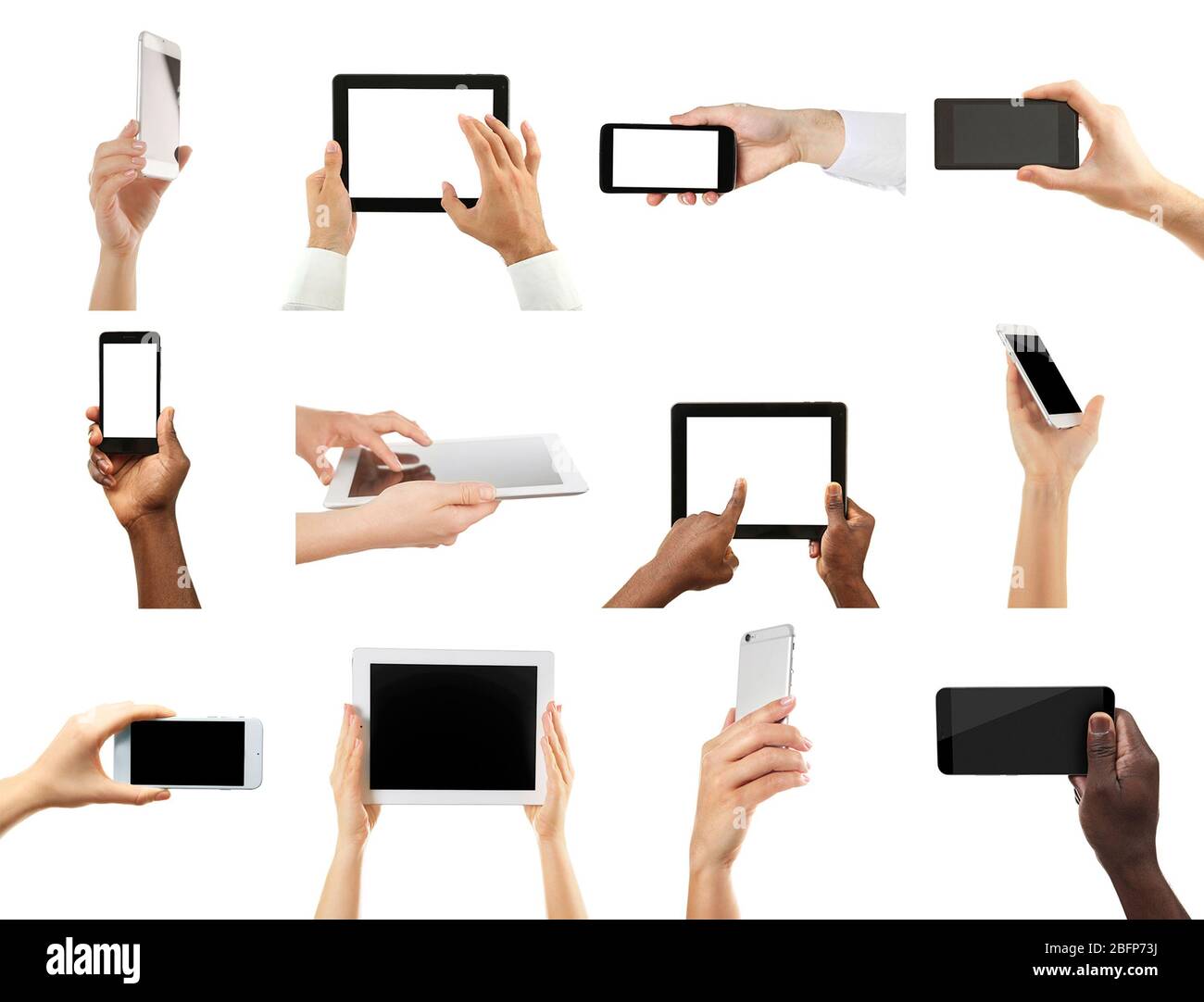 Hand holding mobile phone and digital tablet , collage of different ...